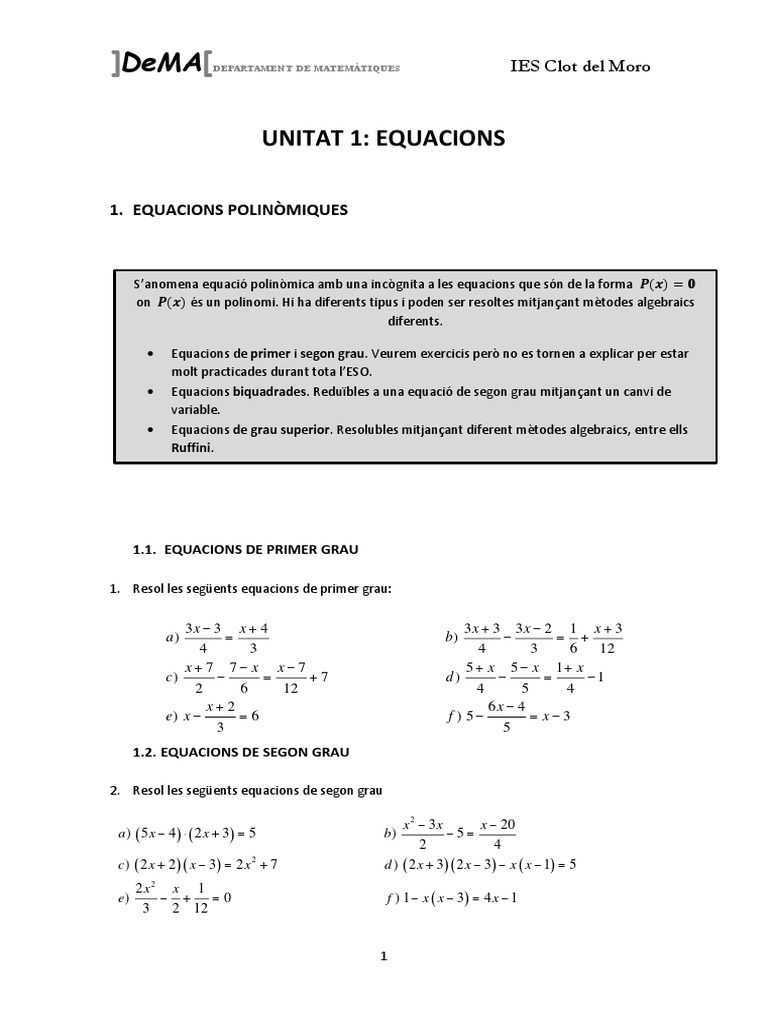 1rBAT CCSS 01 Apunts Classe Equacions | PDF