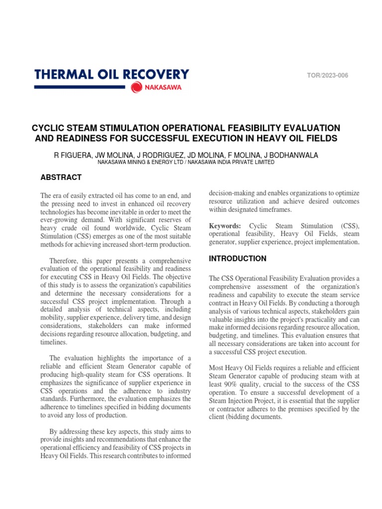 Cyclic Steam Stimulation Operational Feasibility Evaluation | PDF | Feasibility Study | Boiler