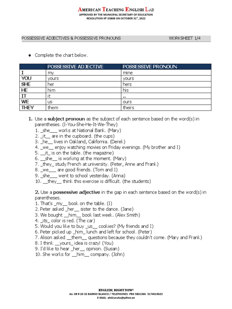 Possessive Adjectives Pronouns 01 | PDF | Cognitive Science | Grammar