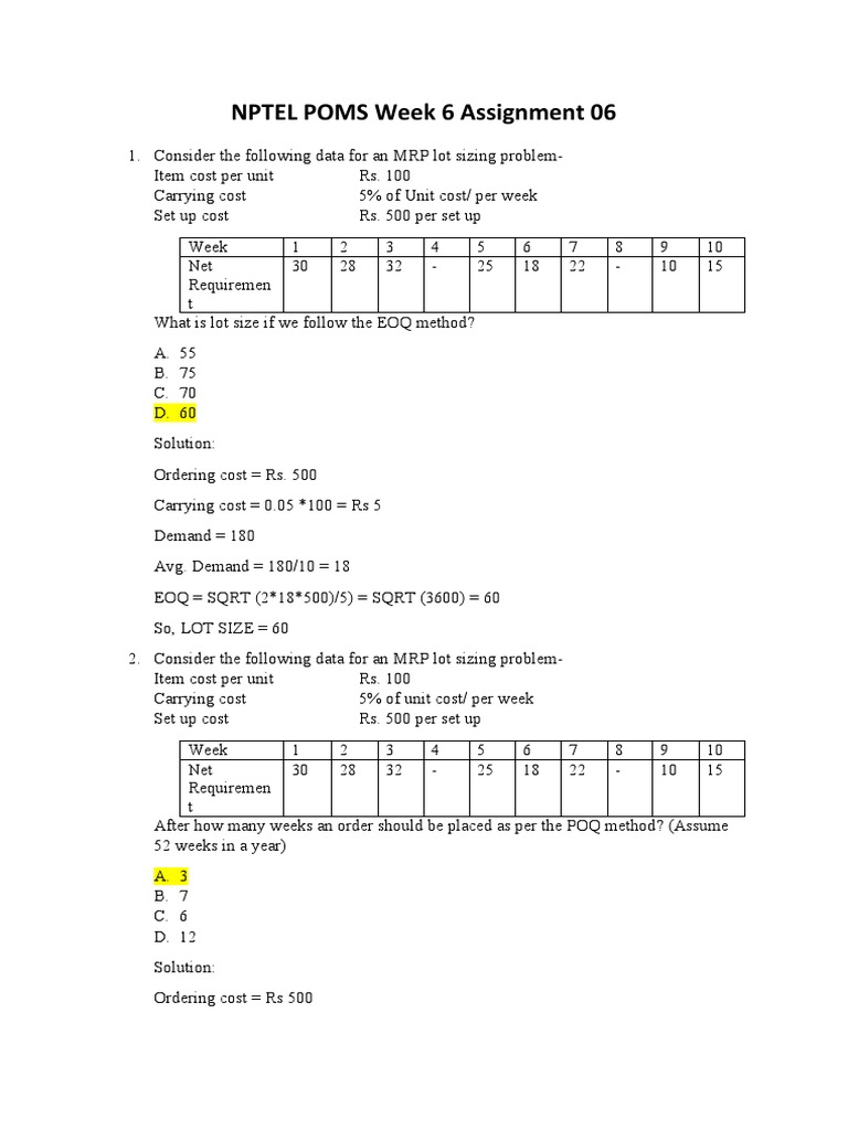 NPTEL POMS Week 6 A06 - Final Solutions | Download Free PDF | Demand ...