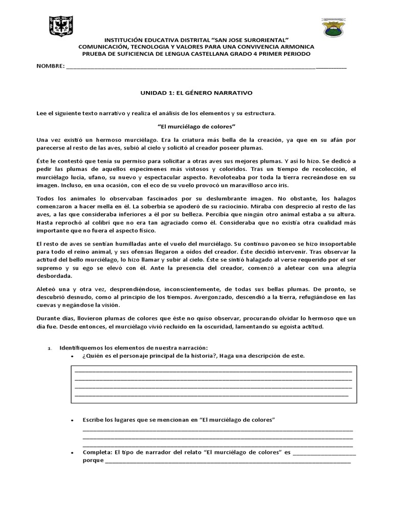 Prueba de Suficiencia de Español Grado 4 Primer Periodo | PDF | Ficción ...