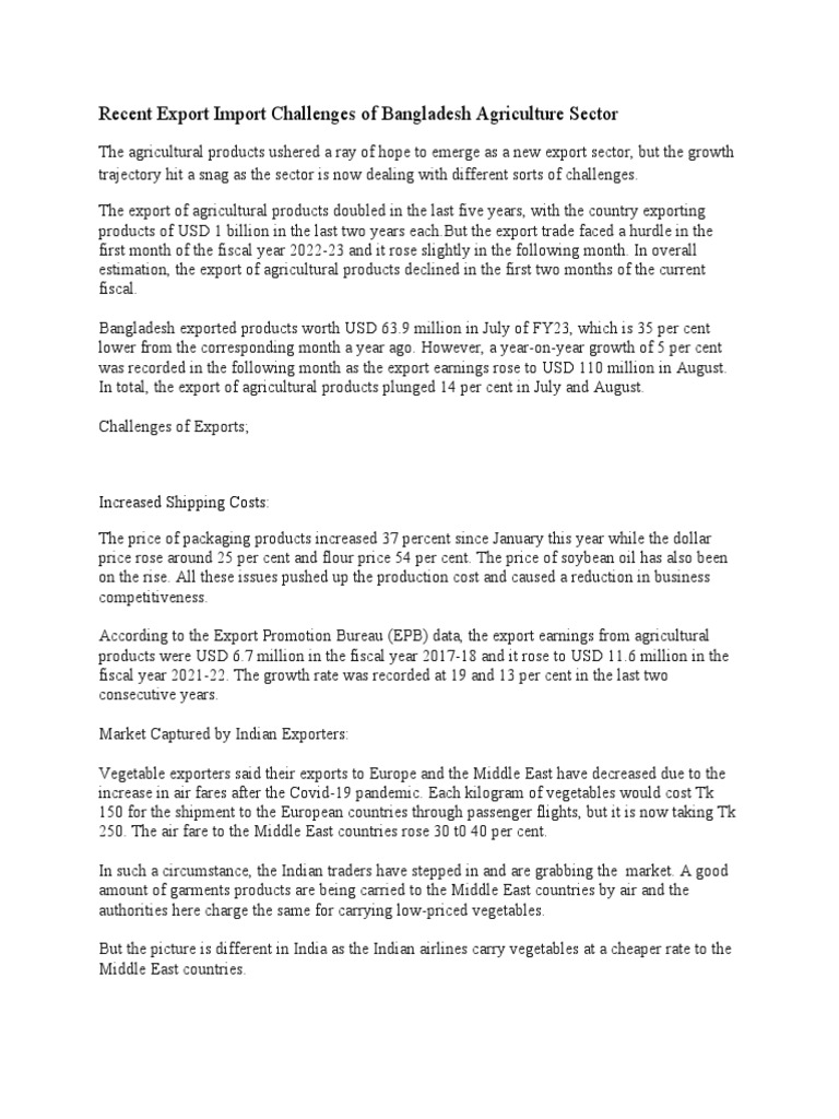 Recent Export Import Challenges of Bangladesh Agriculture Sector | PDF ...