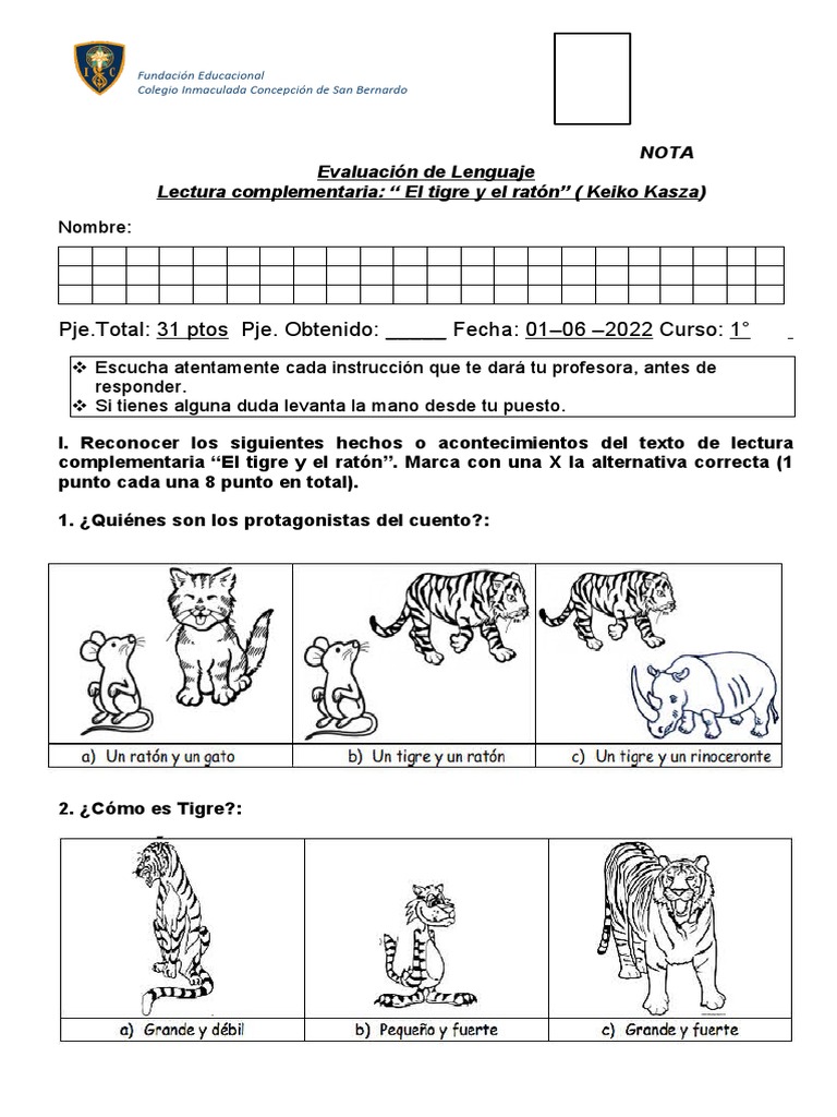 Evaluación Comprensión Lectora El Tigre y El Ratón 01 - 06 | PDF