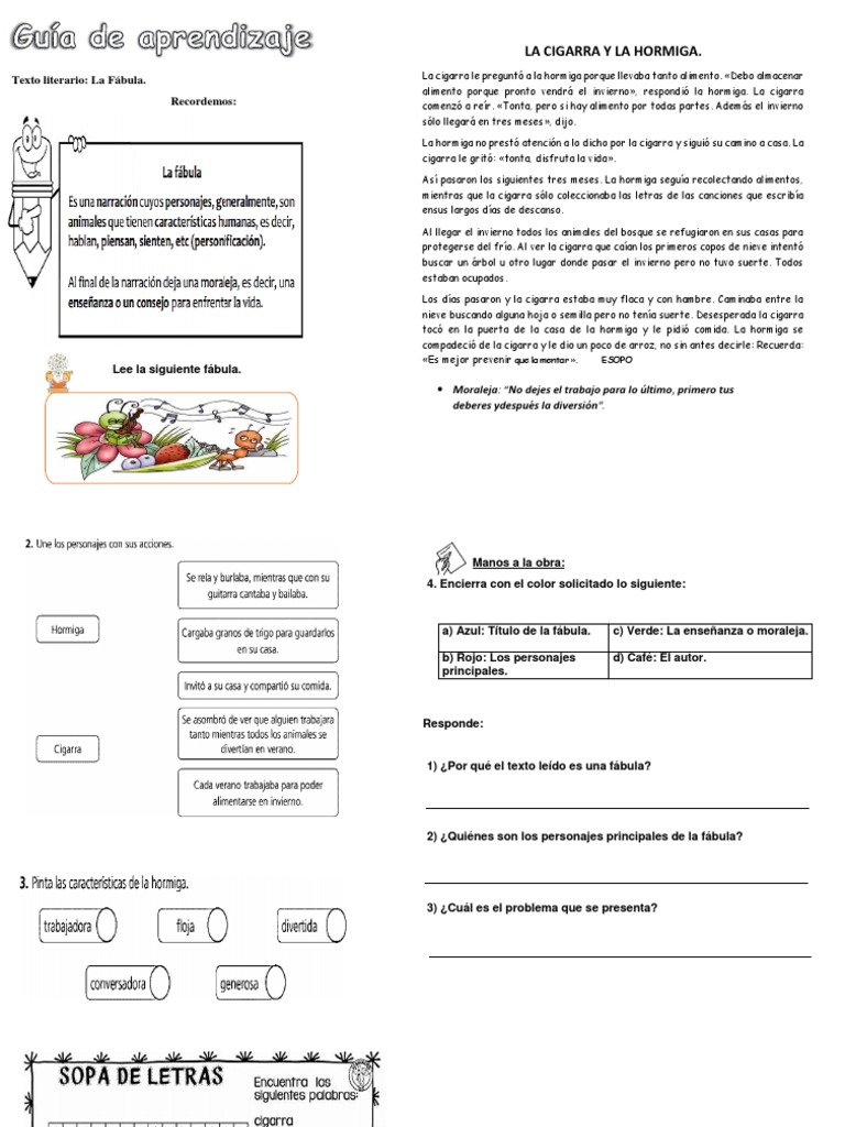 Guía De Aprendizaje La Fábula Pdf Fábula Hormiga