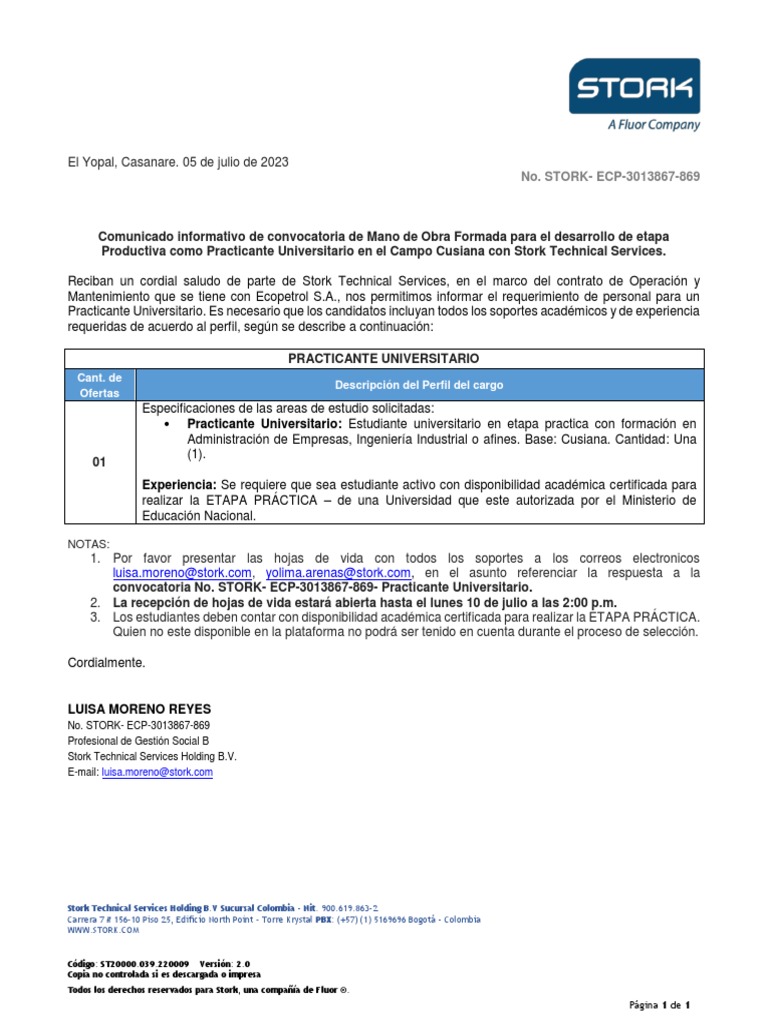 05-07-2023 STORK - ECP-3013867-869 Practicante Universitario Cusiana | PDF | Informática