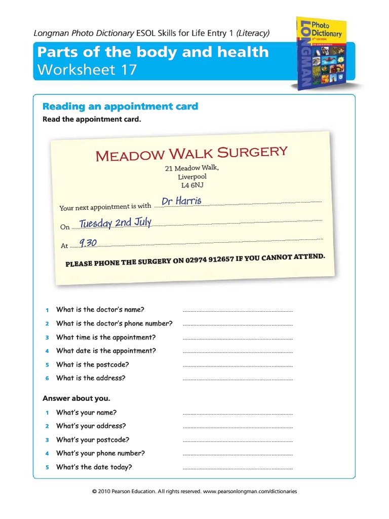Esol Entry 1 Health Worksheets