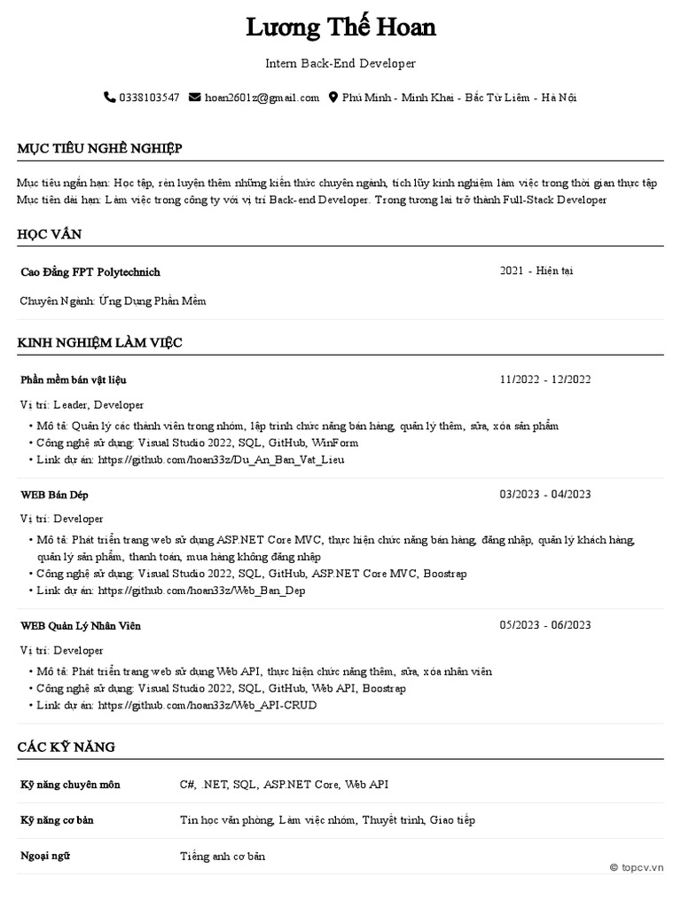 Intern Back-End .Net - LuongTheHoan - CV - VI | PDF