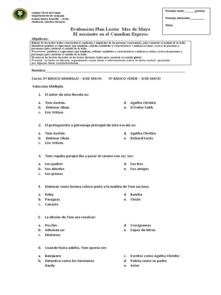 Evaluación Plan Lector QUINTO BASICO . | PDF | Agatha Christie