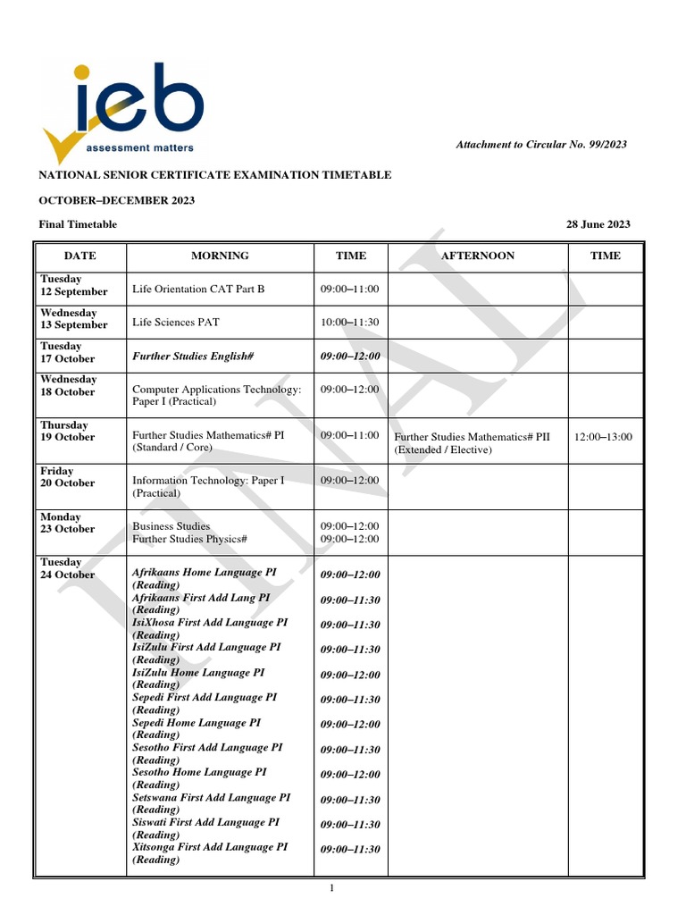 2023 NSC Final IEB Timetable | PDF | Linguistics | Languages