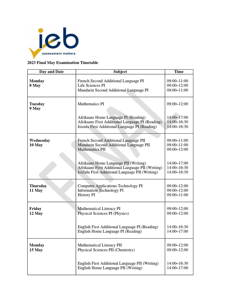 Final Timetable May Examination 2023 | PDF | Mathematics | Science