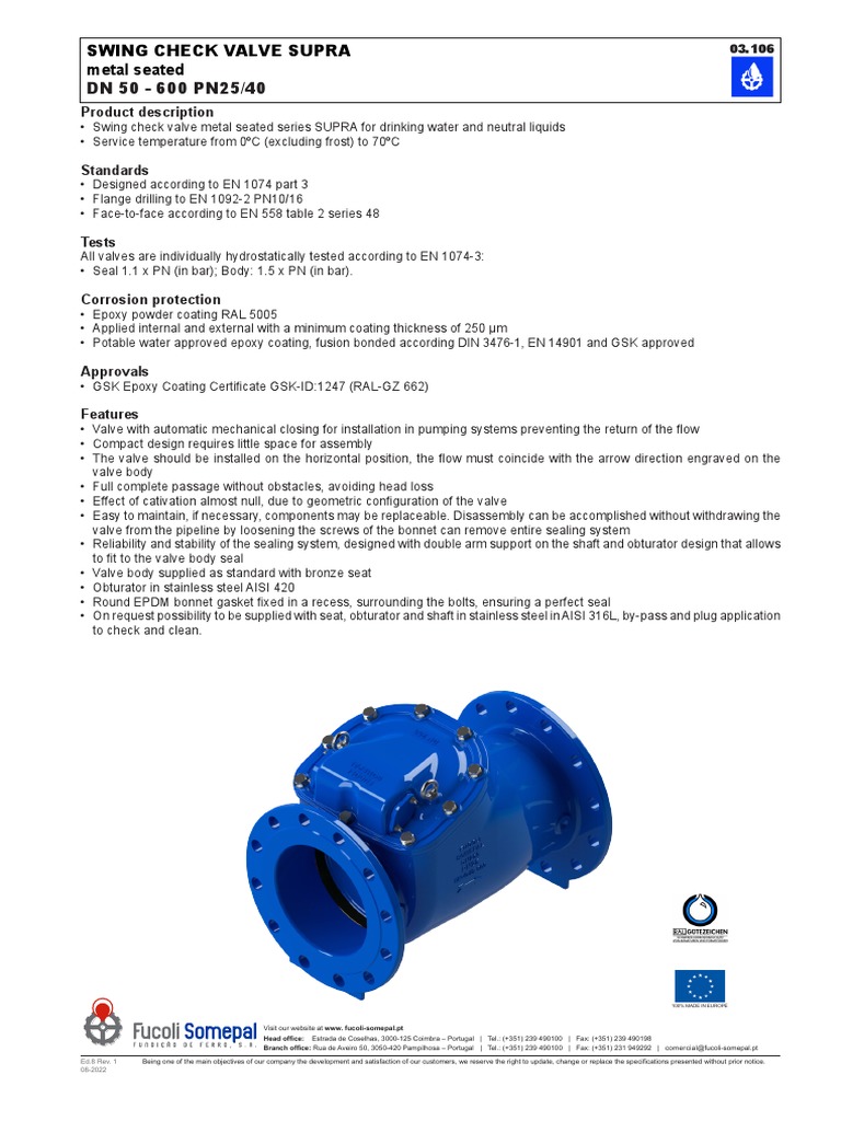 DN 50 - 600 PN25/40: Swing Check Valve Supra Metal Seated | PDF | Valve ...