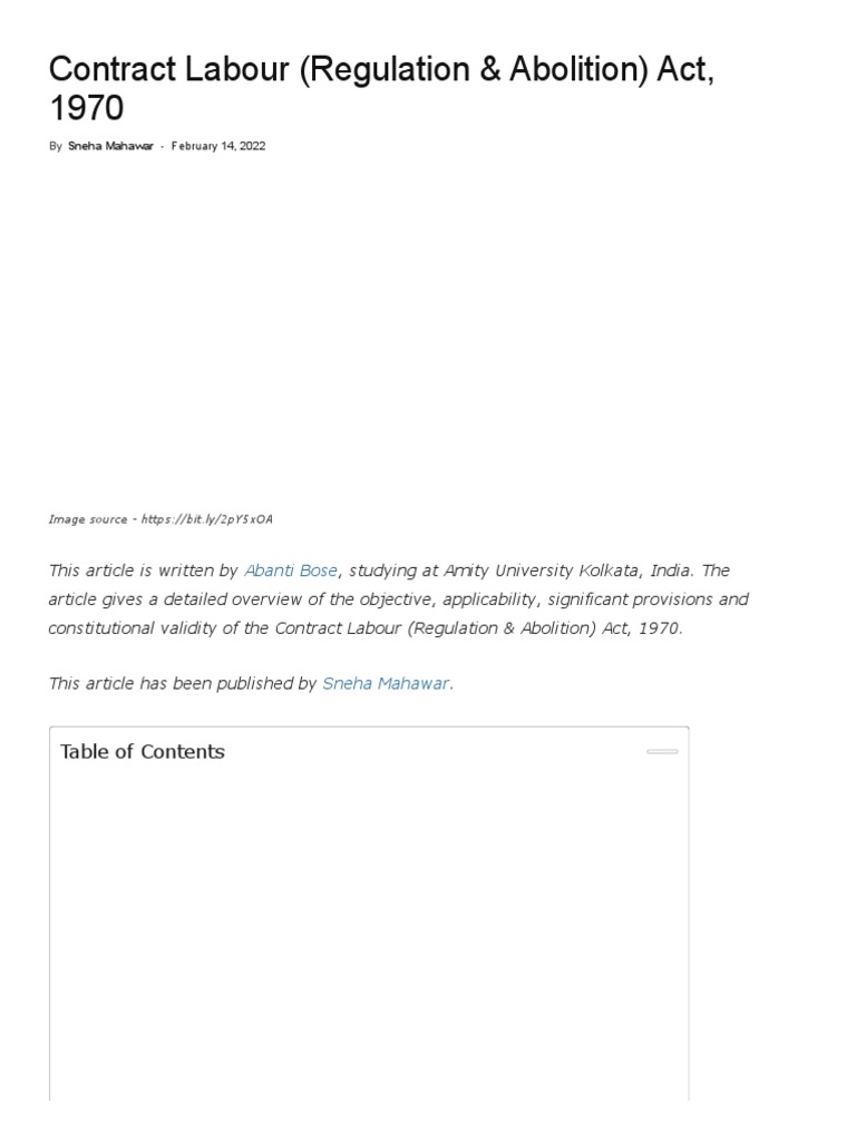 Contract Labour (Regulation & Abolition) Act, 1970 - Ipleaders | PDF ...