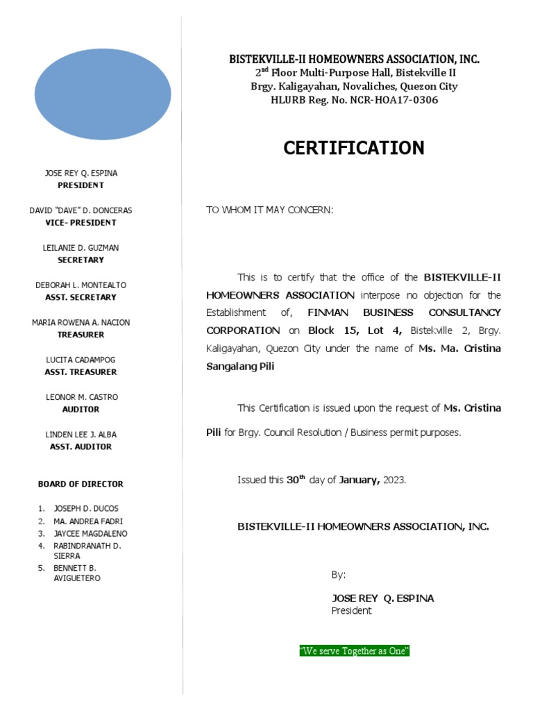 HOA Clearance Certificate for Business | PDF