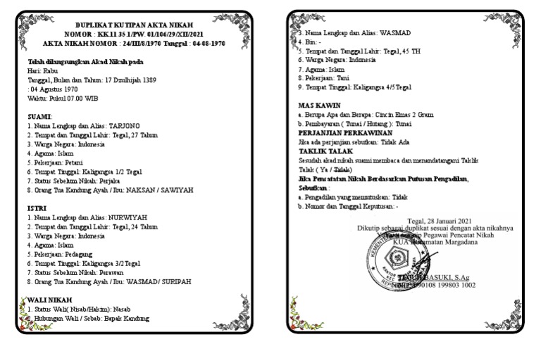 Duplikat Akta Nikah SURATNO | PDF