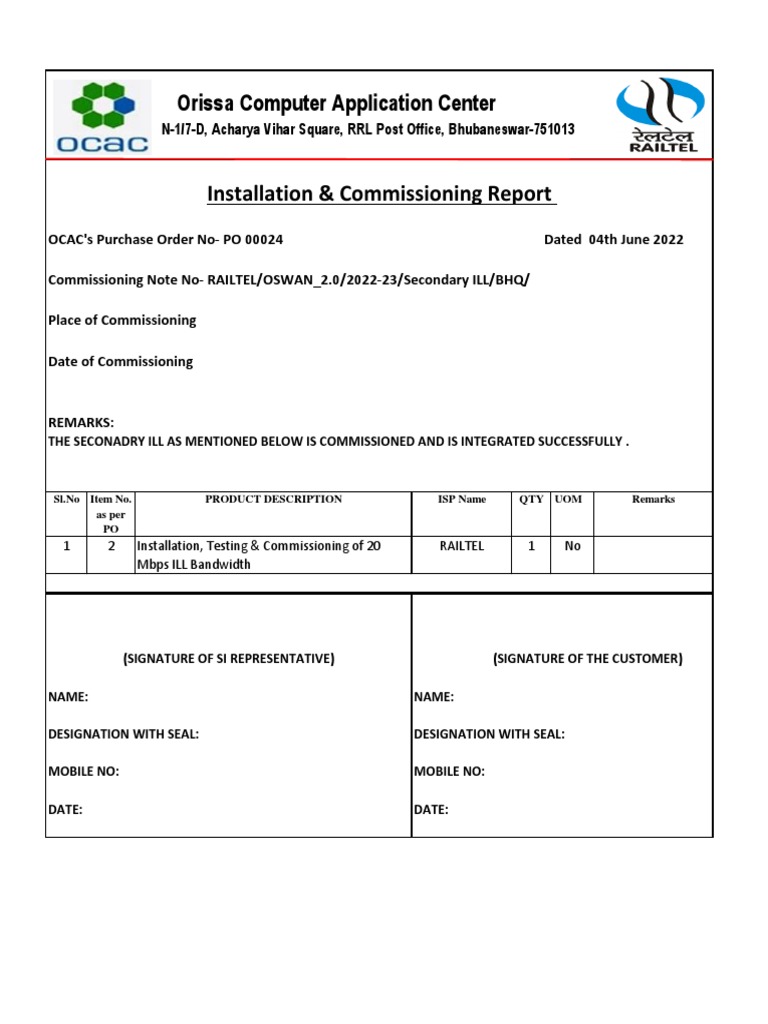 Installation Report for 20 Mbps ILL | PDF | Finance & Money Management