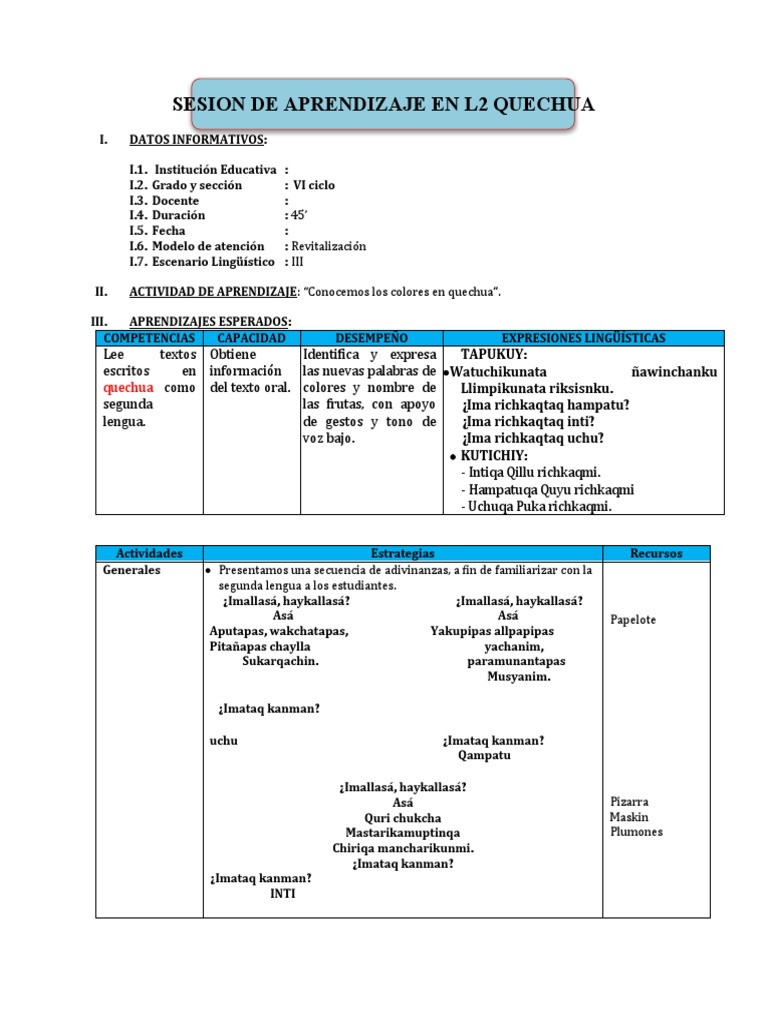 Sesion Quechua 08-6-2023 | PDF | Comunicación humana | Aprendizaje
