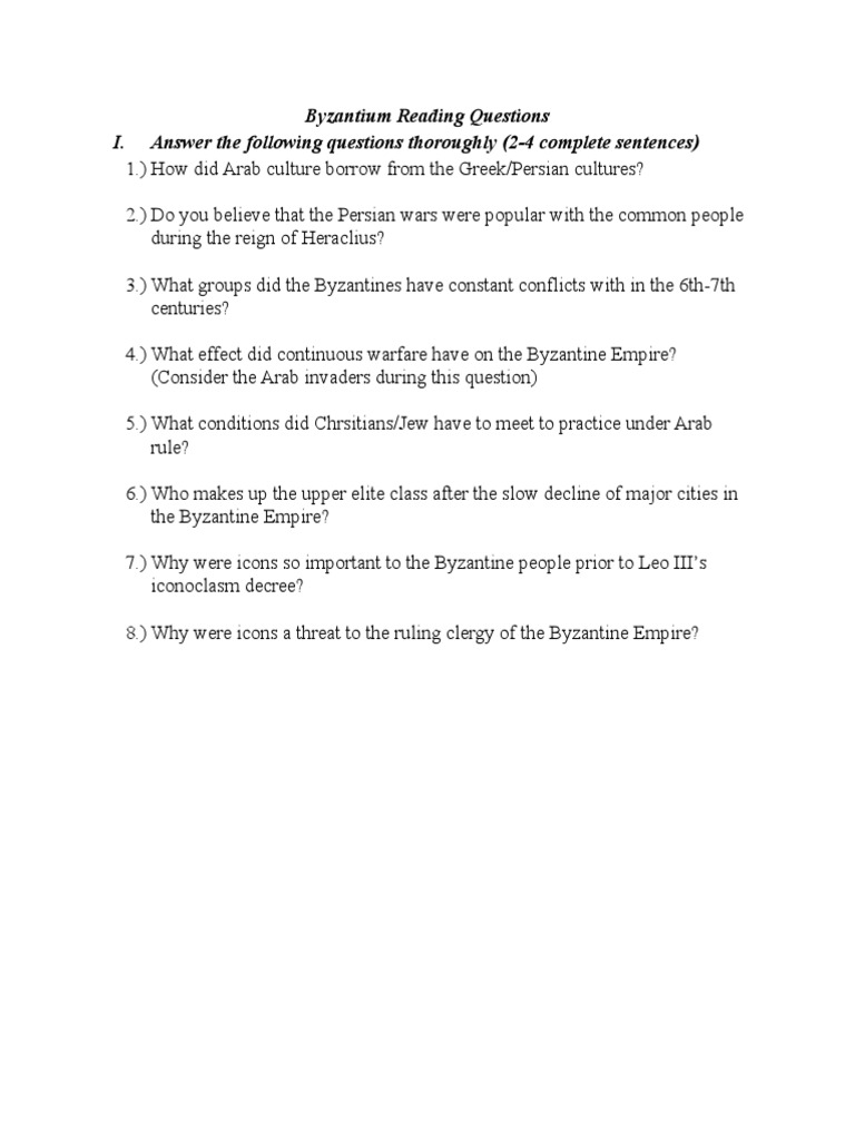 Byzantium Reading Questions | PDF | History | Classics