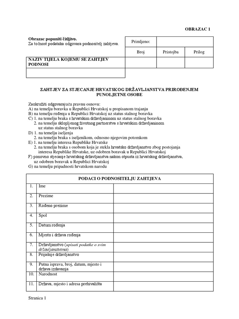 Zahtjev Za Stjecanje Hrvatskog Državljanstva Prirođenjem Punoljetne ...