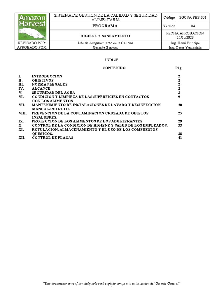 SGCSA-PHS-001 Programa de Higiene y Saneamiento | PDF | Agua | Seguridad alimenticia