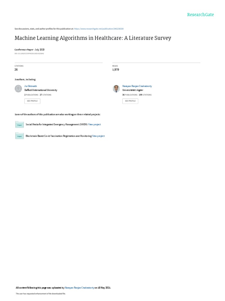 Machine Learning Algorithms in Healthcare A Litterature Survey | PDF | Machine Learning ...