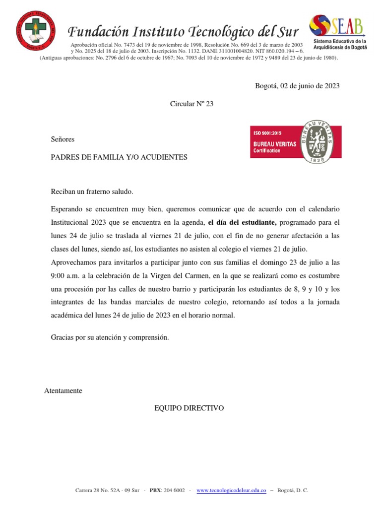 Circular No. 23 Día Del Estudiante y de La Virgen Del Carmen | PDF