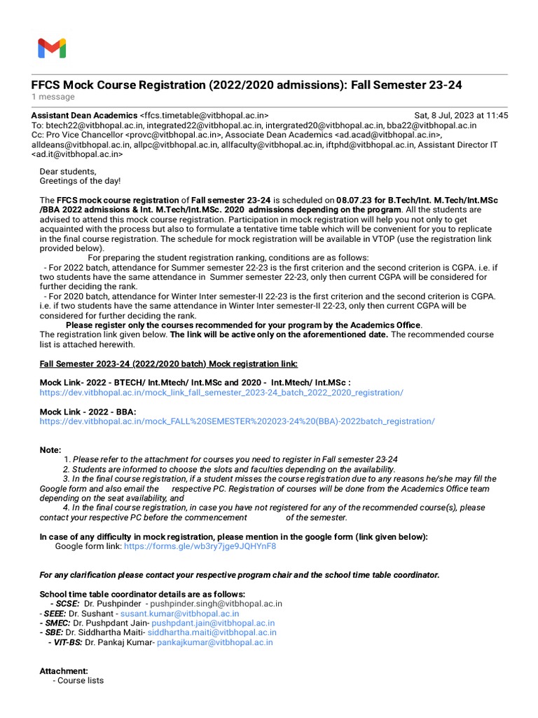 FFCS Mock Course Registration (2022 - 2020 Admissions) - Fall Semester 23-24 | PDF ...