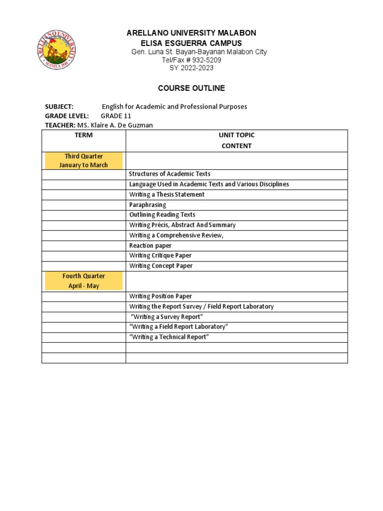 Course Outline Eapp | PDF