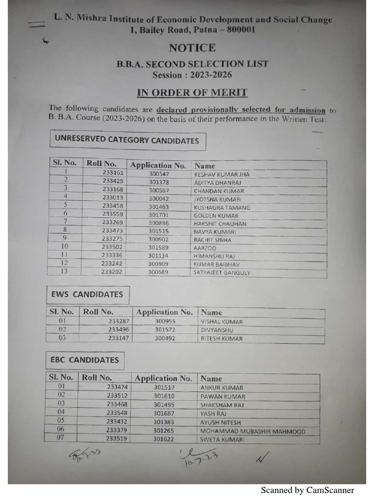 BBA Second Selection List Admission 2023 | PDF