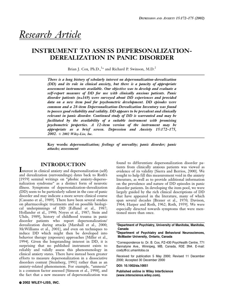 Instrument To Assess Depersonalization-Derealization in Panic Disorder ...