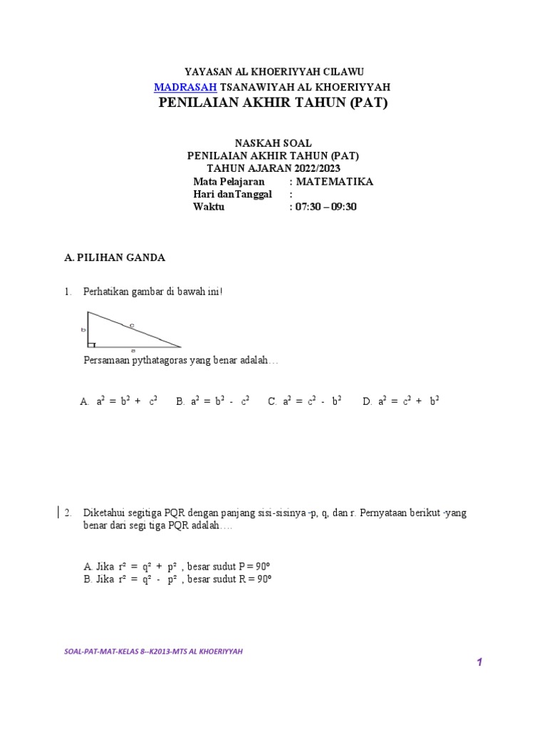 Soal PAT Kelas VIII - MTK MTS AL KHOERIYYAH | PDF