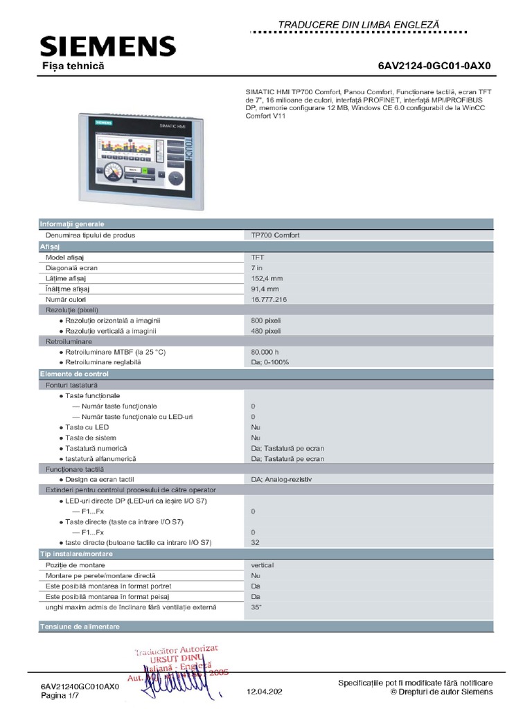 Tablou - 6AV21240GC010AX0 - Datasheet - en - SIMATIC HMI TP700 Comfort - Ro | PDF