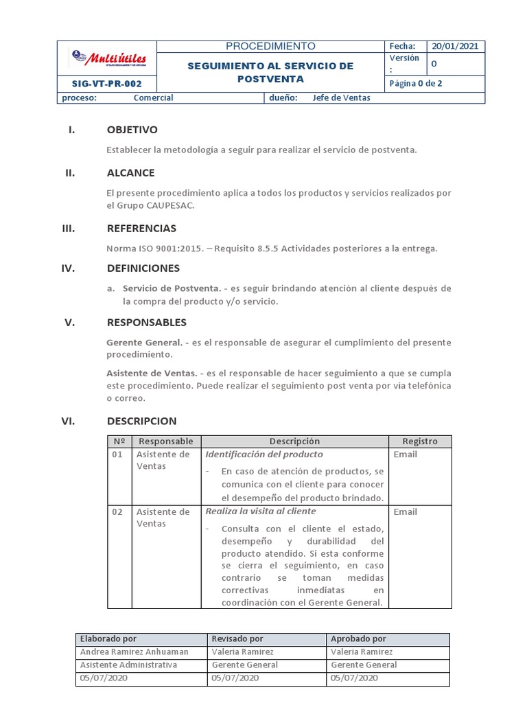 SIG-VT-PR-002 Seguimiento Al Servicio Postventa - LEVOBS | PDF | Business