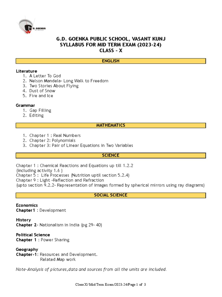 Class 10 Mid Term Exam Class 10 Syllabus - 2023-24 | PDF | World Wide ...