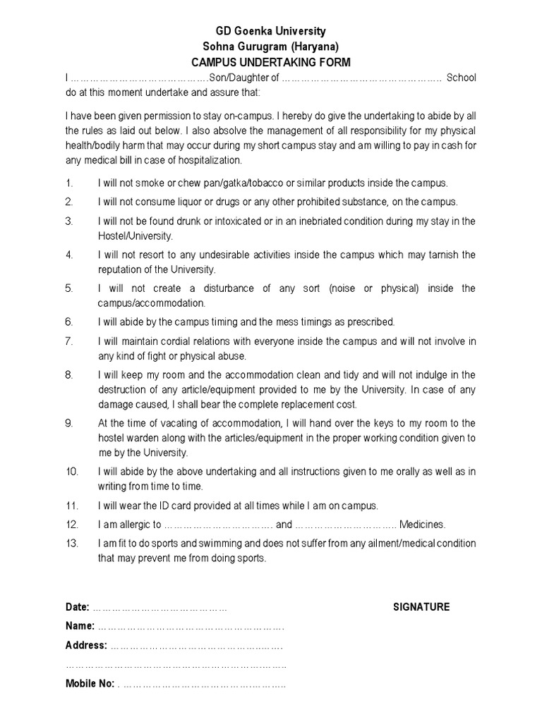 Campus Undertaking Form for Students | PDF