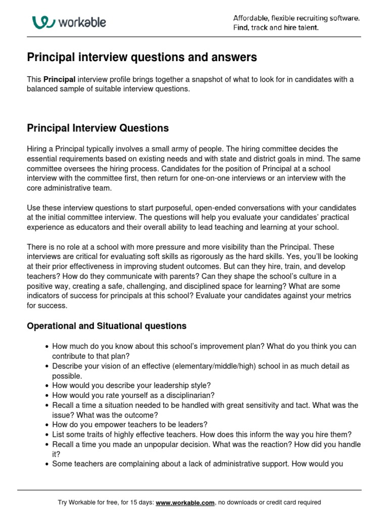 Principal Interview Questions Guide | PDF | Teachers | Cognition
