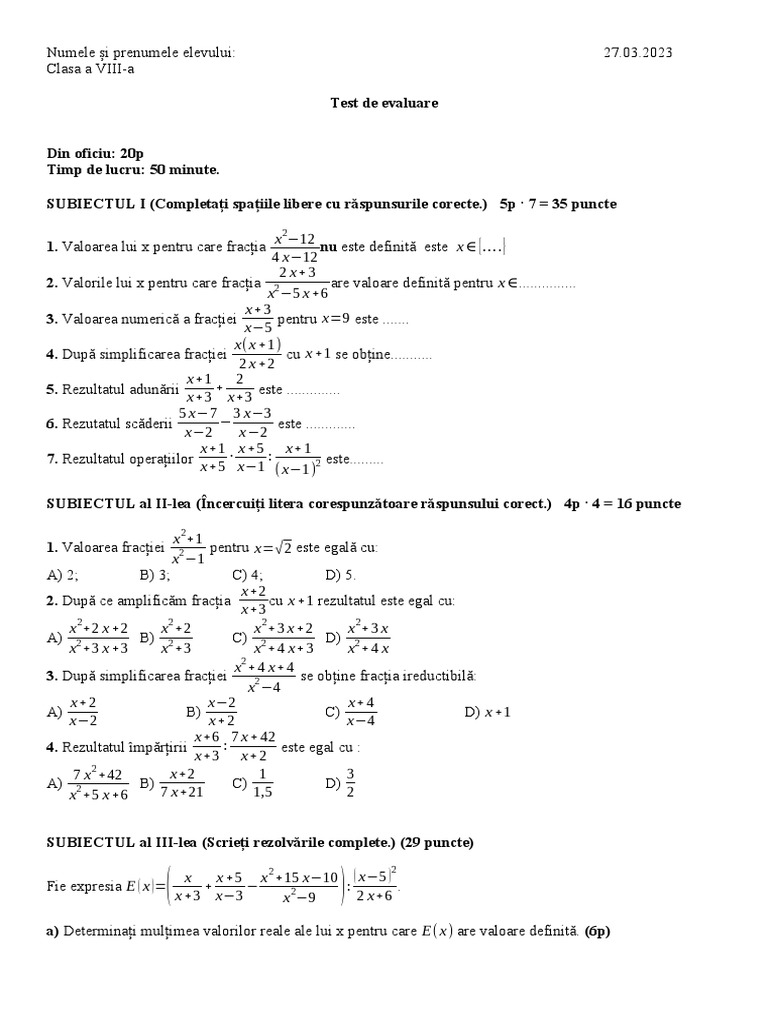 Test Fractii Algebrice | PDF