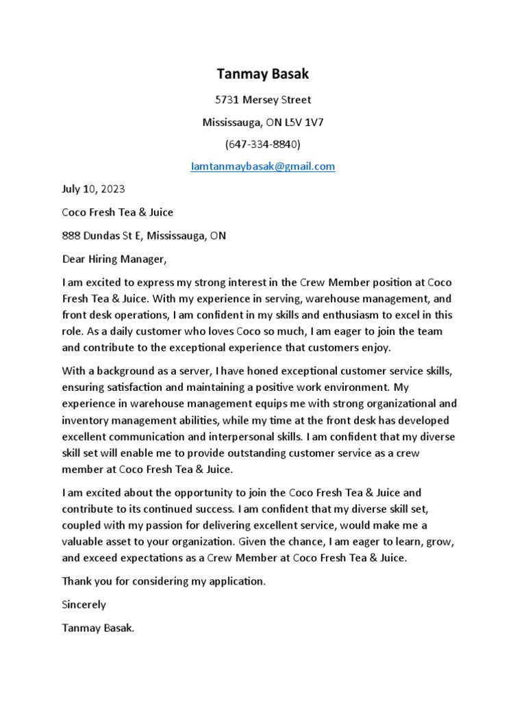 Tanmay Basak Cover Letter Coco Fresh Tea & Juice | PDF | Career & Growth