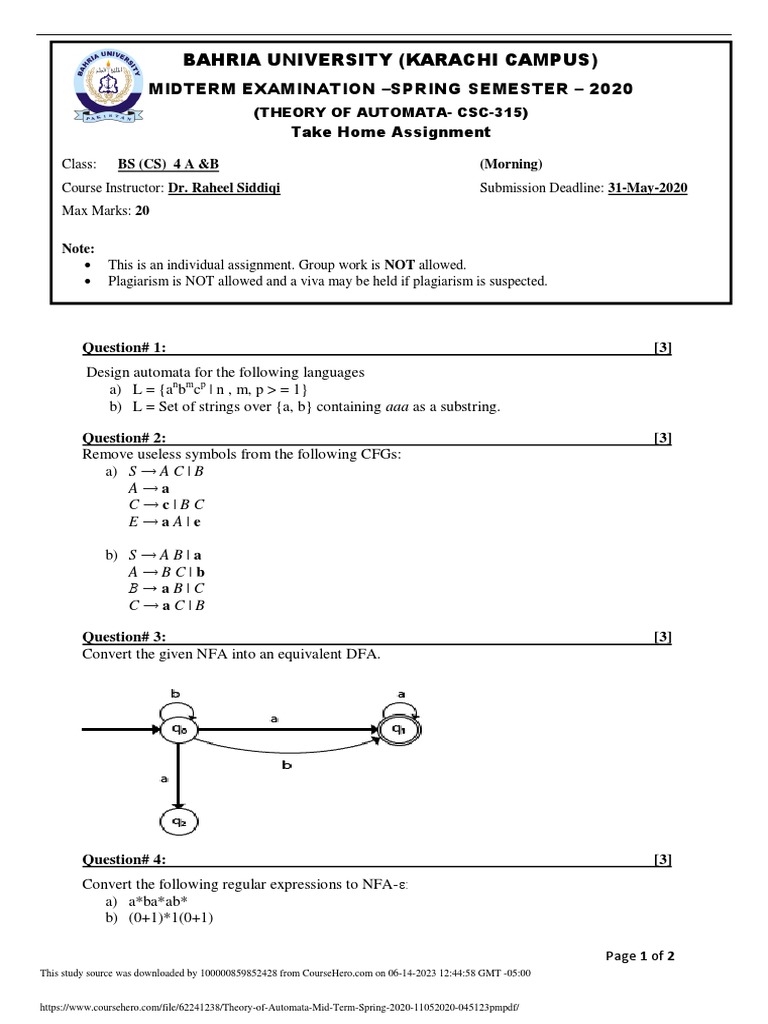 Theory of Automata Mid Term Spring 2020 11052020 045123pm PDF | PDF ...