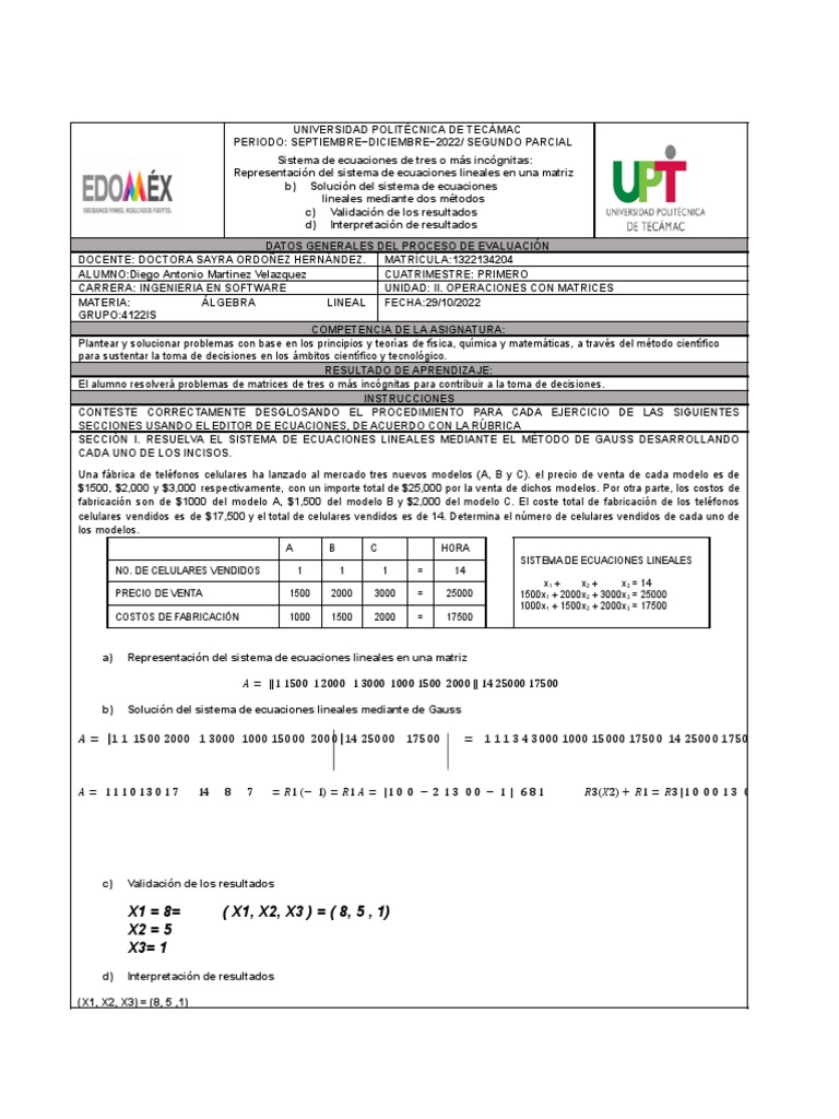 Unidad Ii Evidencia Sistema de Ecuaciones Lin Resueltos | PDF ...