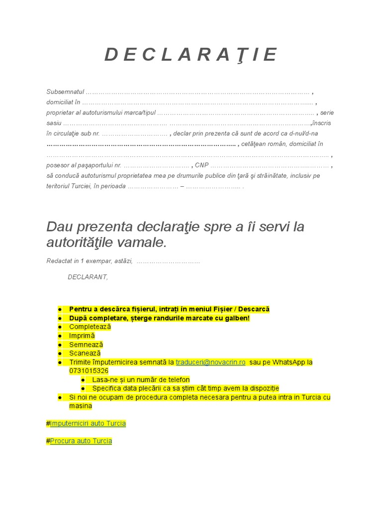 Model Imputernicire Procura Auto Turcia Intre Persoane Fizice | PDF