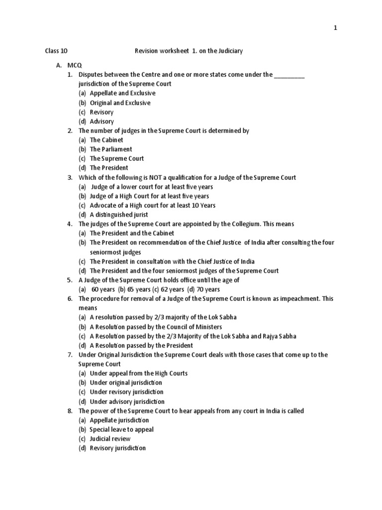 Class 10 Revision Worksheet 1 on Judiciary | PDF | Supreme Courts ...