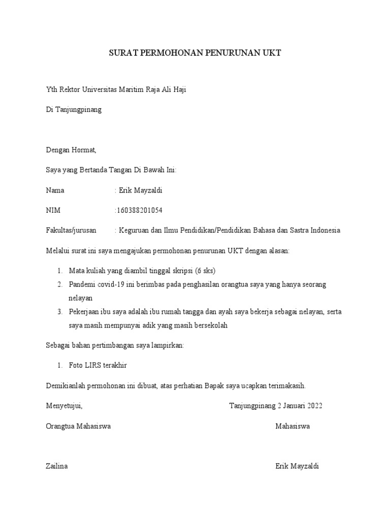Surat Permohonan Penurunan Ukt 2 | PDF