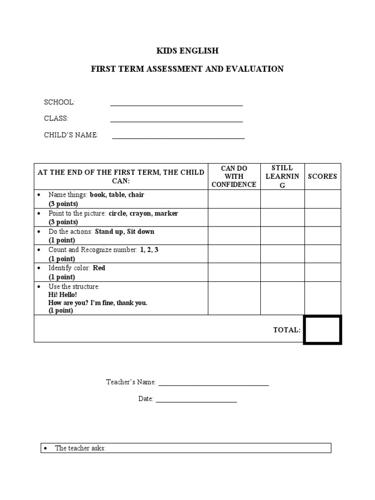 Kids English First Term Assessment and Evaluation 1 | PDF