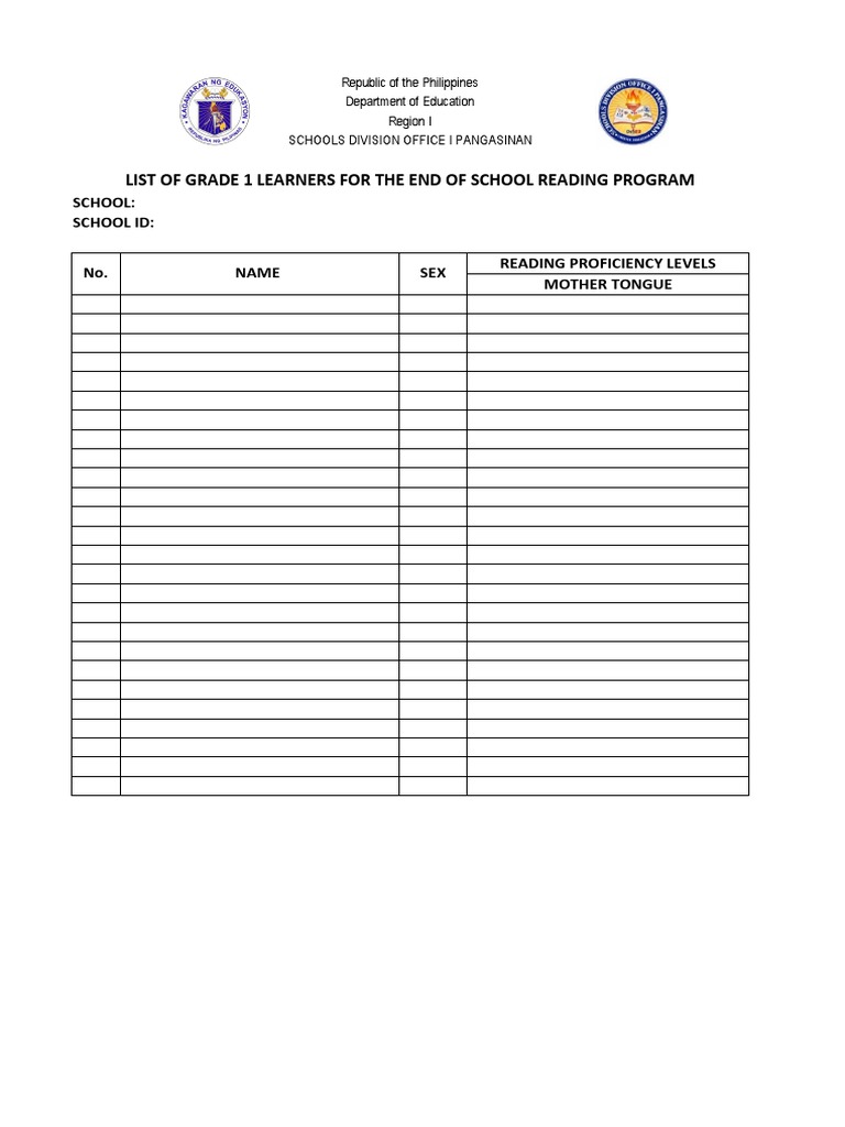 Template For The List of Learners For EOSY Reading Program | PDF | First Language ...