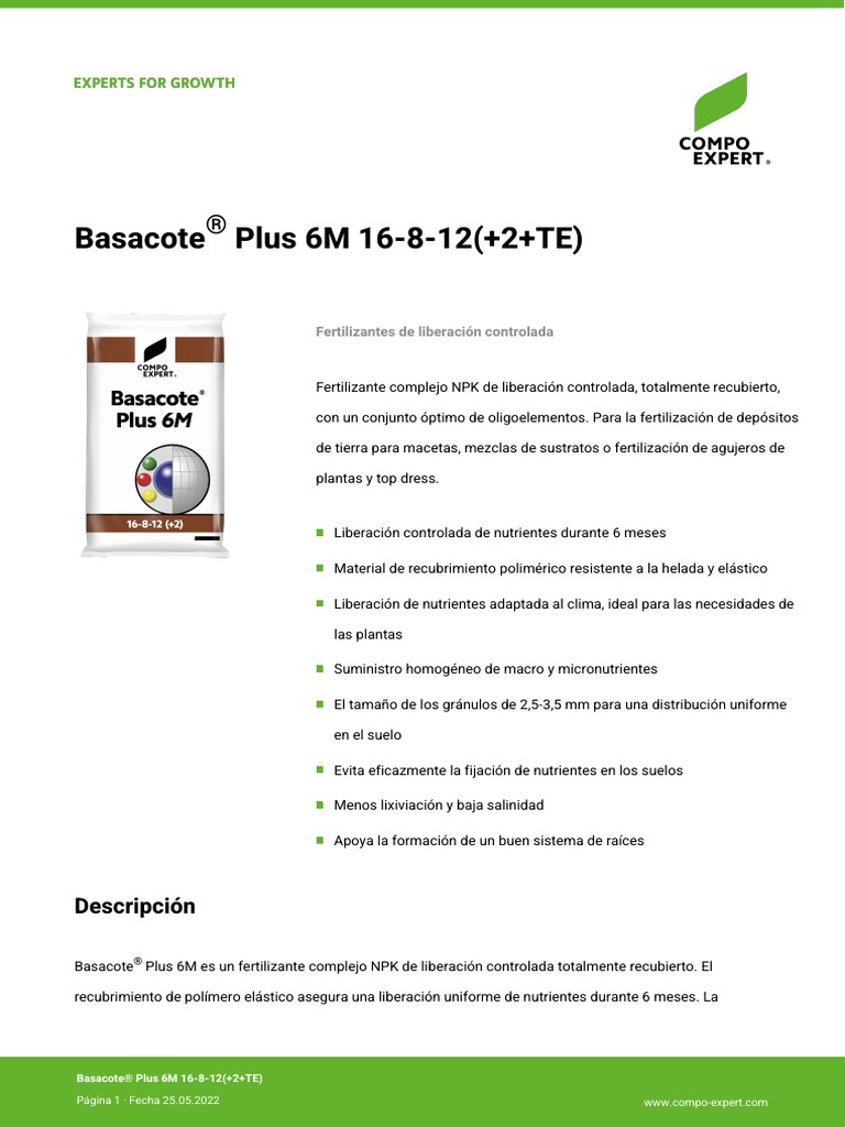 Basacote Plus 6M 168122TE | PDF | Fertilizante | Revestimiento