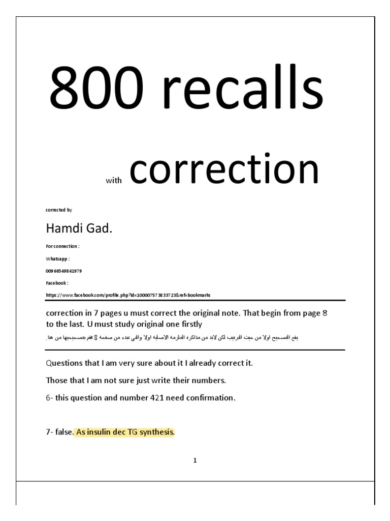 800 Recalls With Correction | PDF | Acetylcholine | Hyperthyroidism