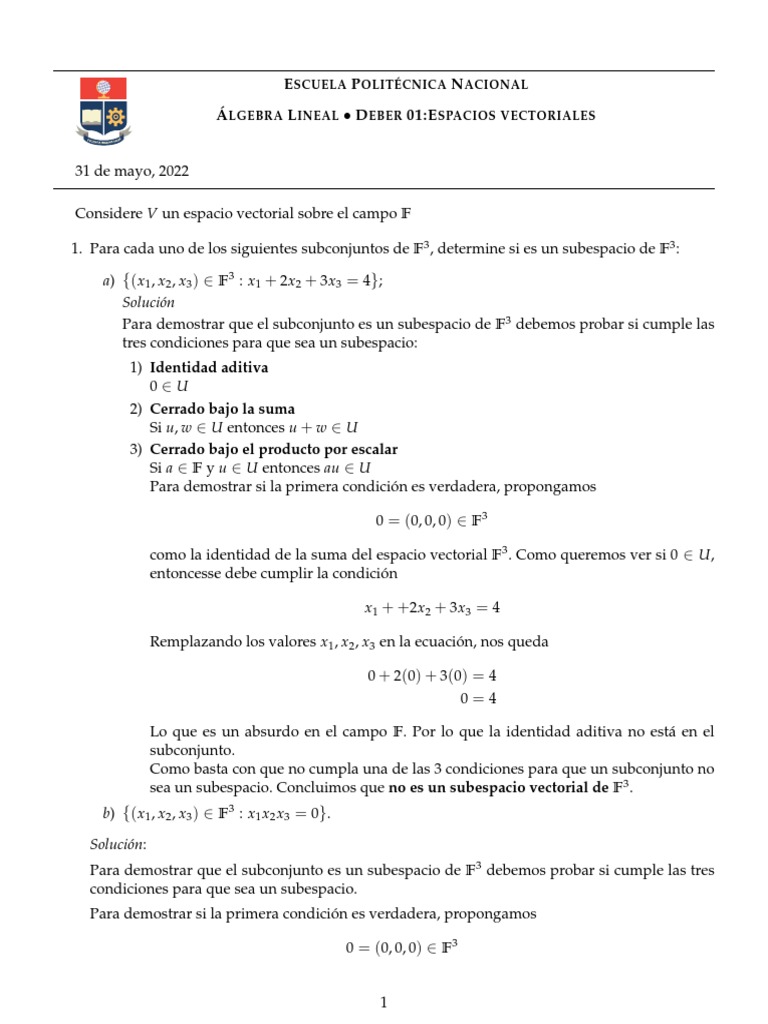 Deber - 01 Espacios Vectoriales | PDF | Matriz (Matemáticas) | Espacio vectorial