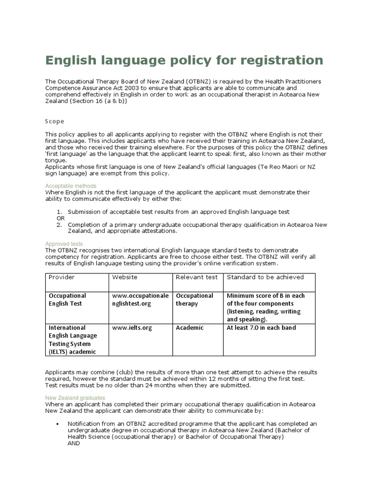 OTBNZ English Language Registration Policy | PDF | Occupational Therapy ...