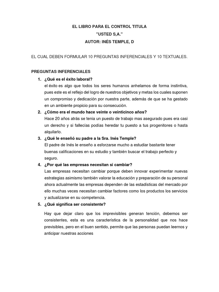 EL LIBRO PARA EL CONTROL Inés Temple Usted S.A. | PDF