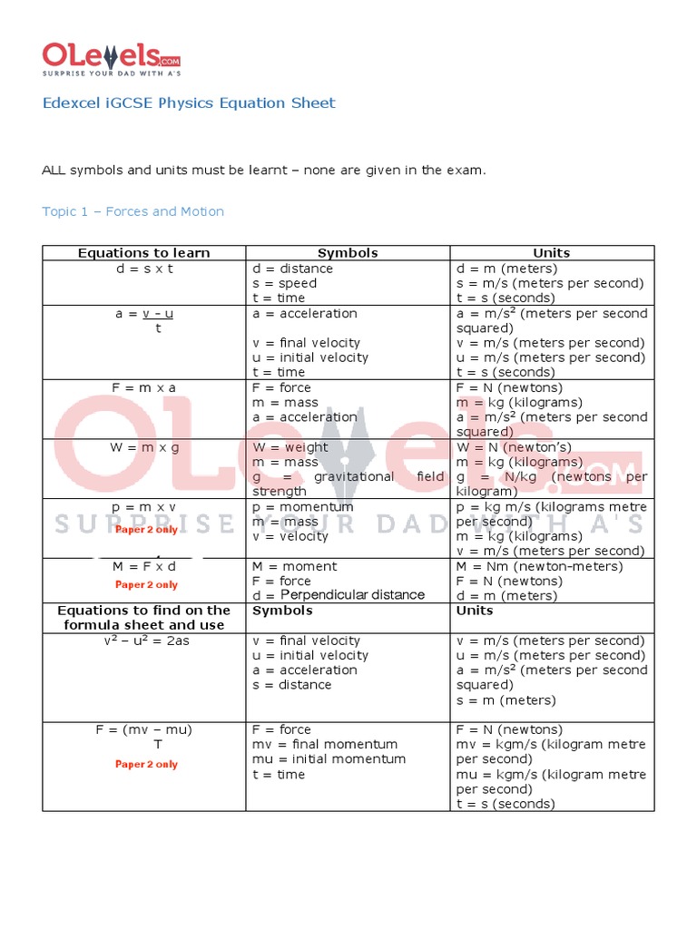 Bee6a674 Edexcel Igcse Physics Formula Sheet - WM | PDF | Mass | Kilogram Bee6a674 Edexcel Igcse Physics Formula Sheet - WM | PDF | Mass | Kilogram